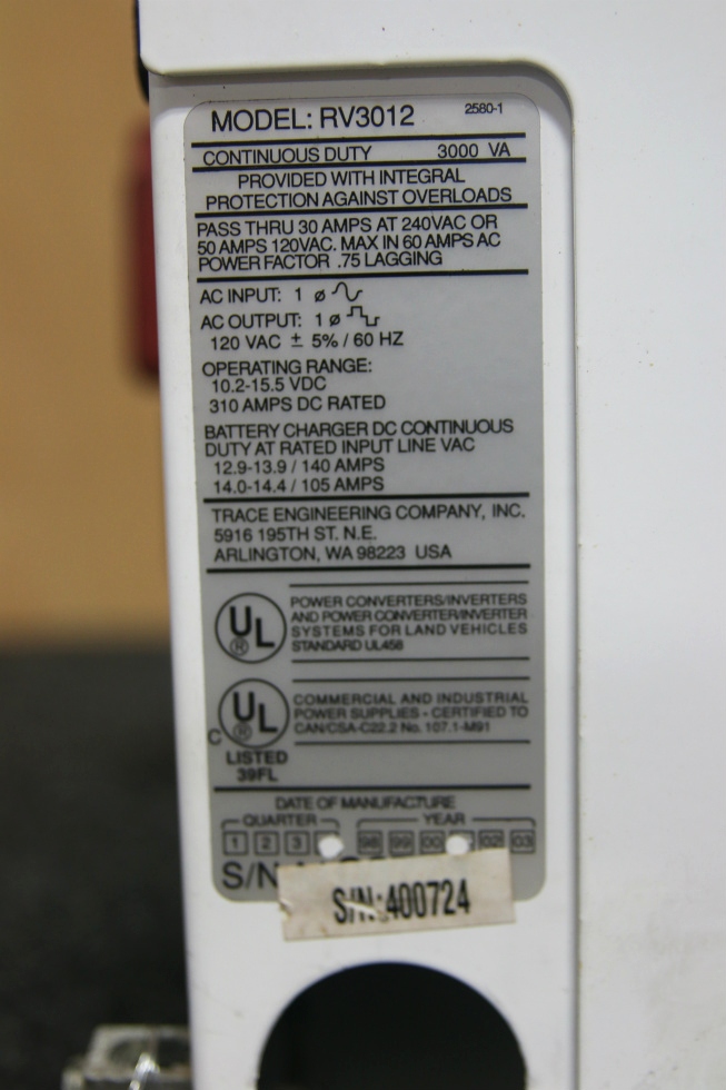 RV Components USED TRACE ENGINEERING RV INVERTER MODEL: RV3012 3000W SN ...